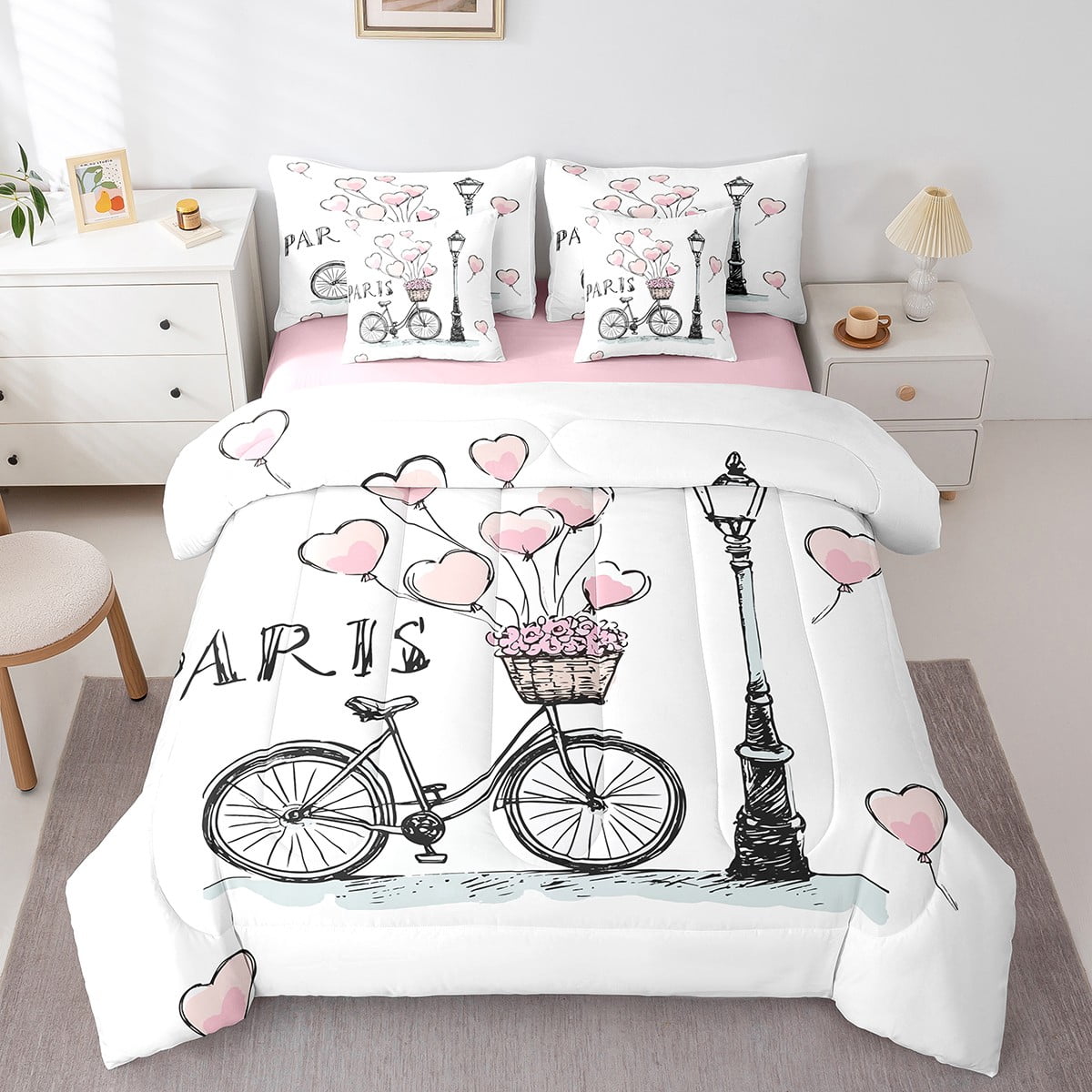 Manfei Romance Paris Bedding Sets Queen Size,Pink Love Balloon ...