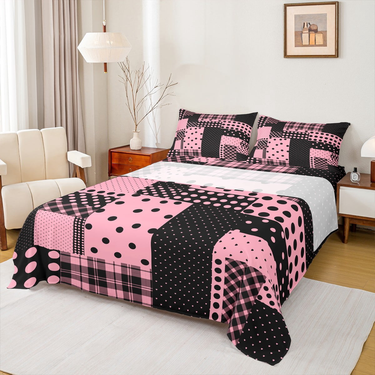 Manfei Romantic French Dots Queen Sheet Set,Geometric Circles Pink ...