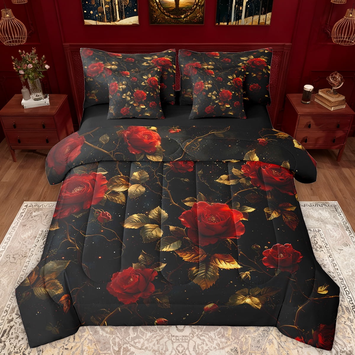 Manfei Romantic Red Rose Bedding Comforter Set 7pcs for Women ...