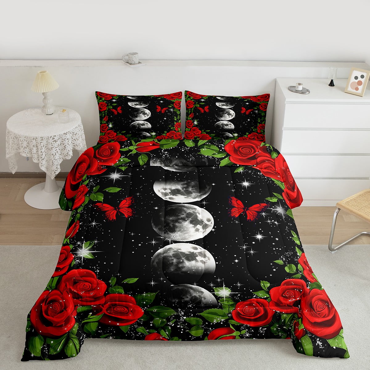 Manfei Romantic Red Rose Bedding Comforter Set,Galaxy Starry Sky Twin ...