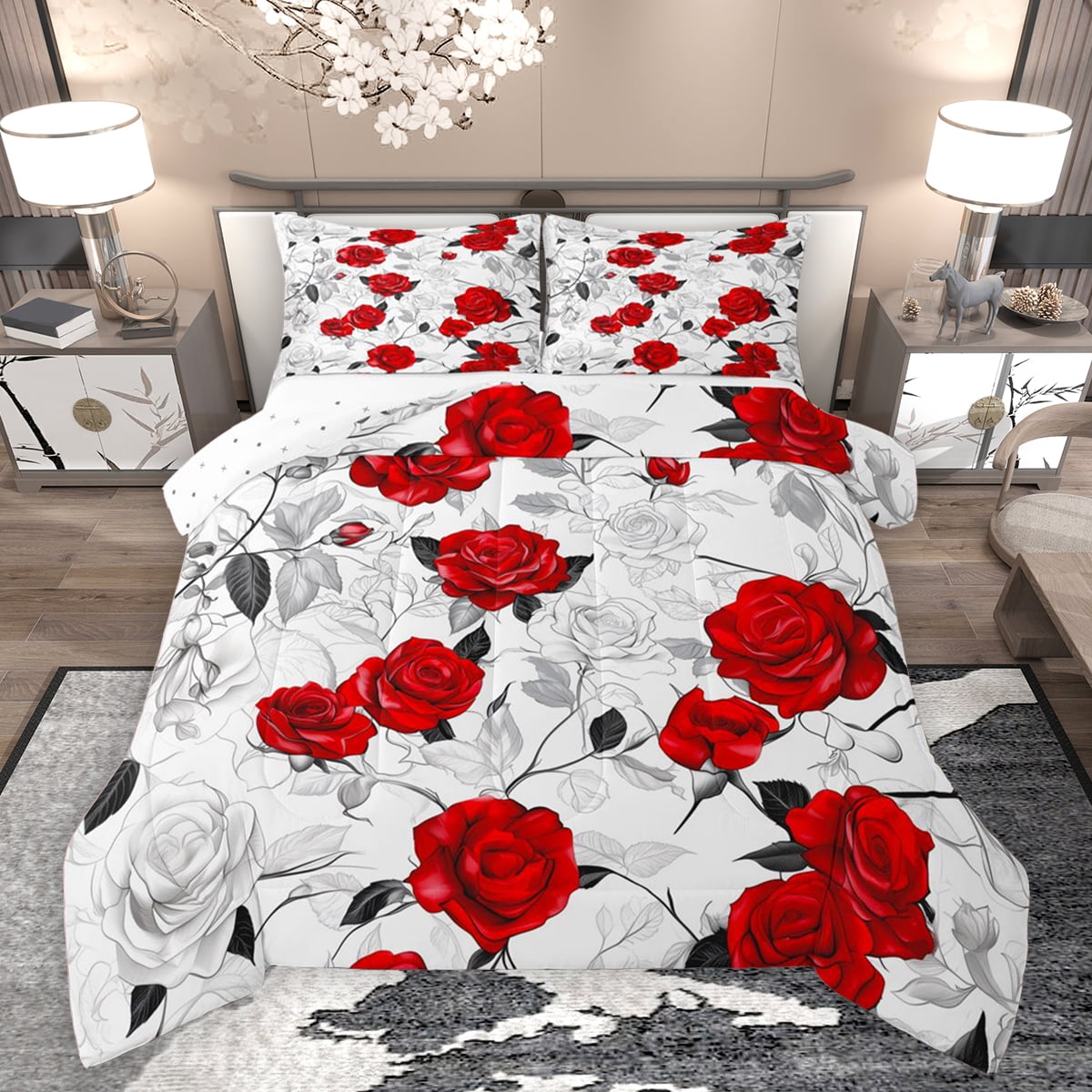 Manfei Romantic Red Rose Queen Comforter Set for Couple, Anniversary ...