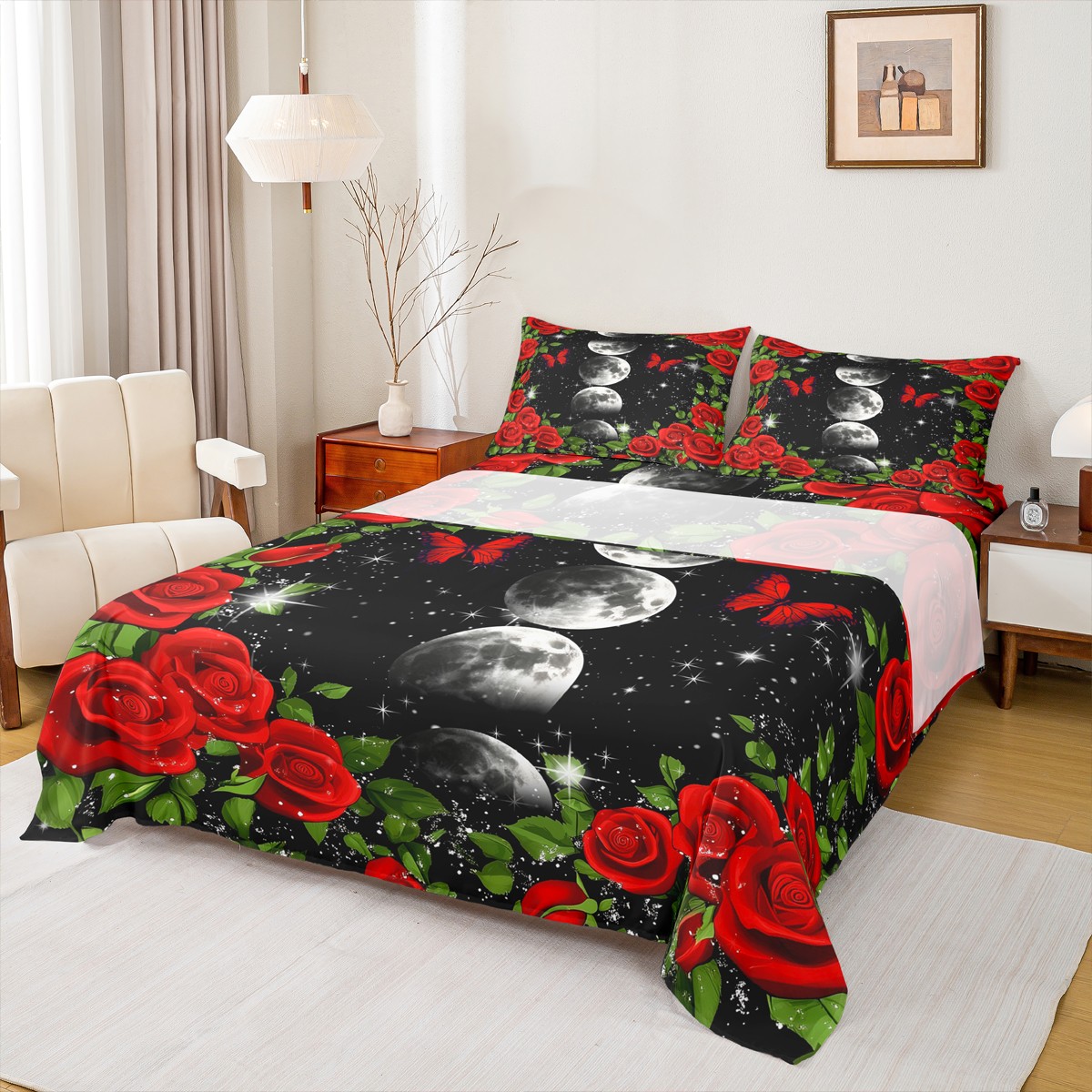 Manfei Romantic Red Rose Queen Sheet Set,Galaxy Starry Sky Moon Print ...