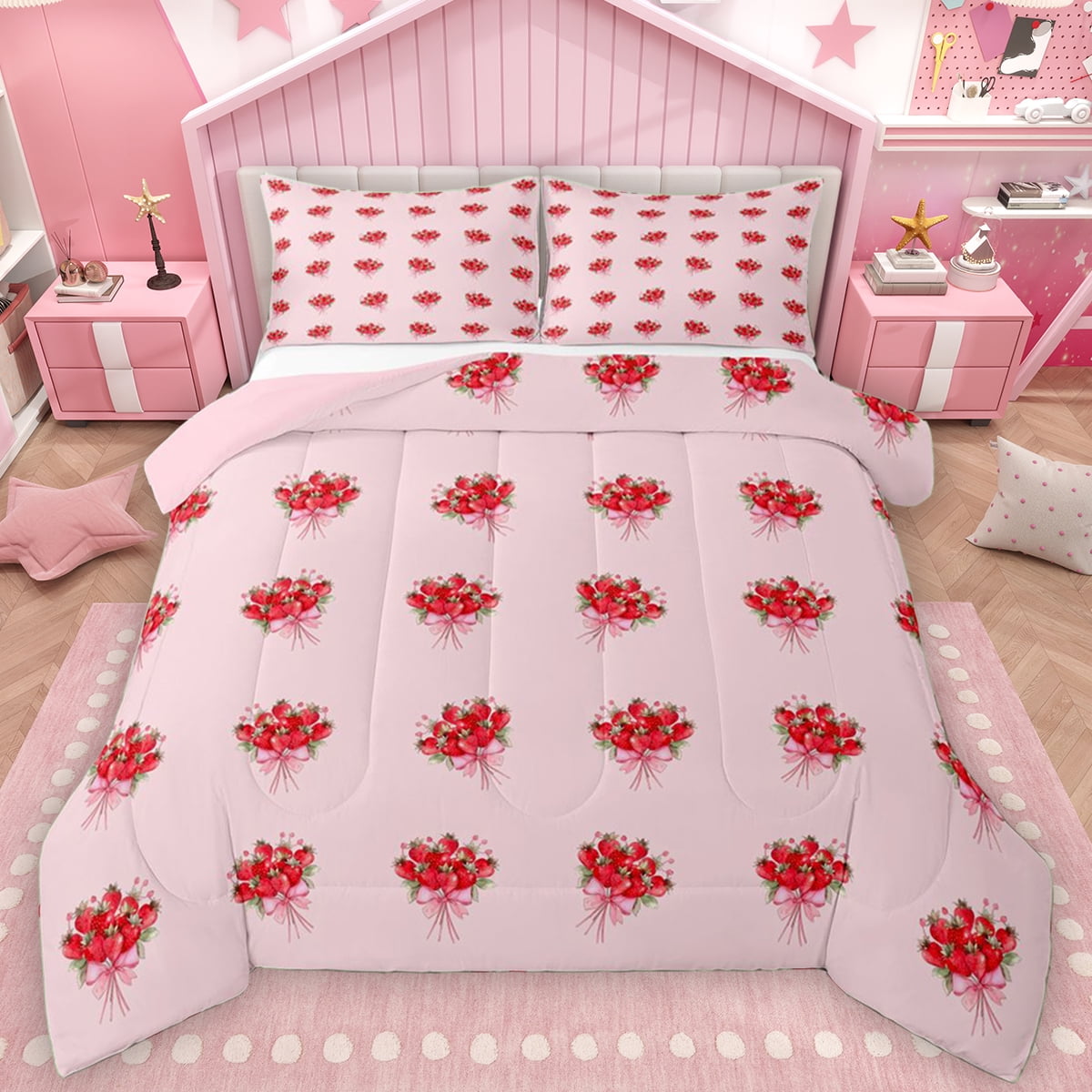 Manfei Romantic Rose Floral Full Size Comforter Sets, Love Heart ...