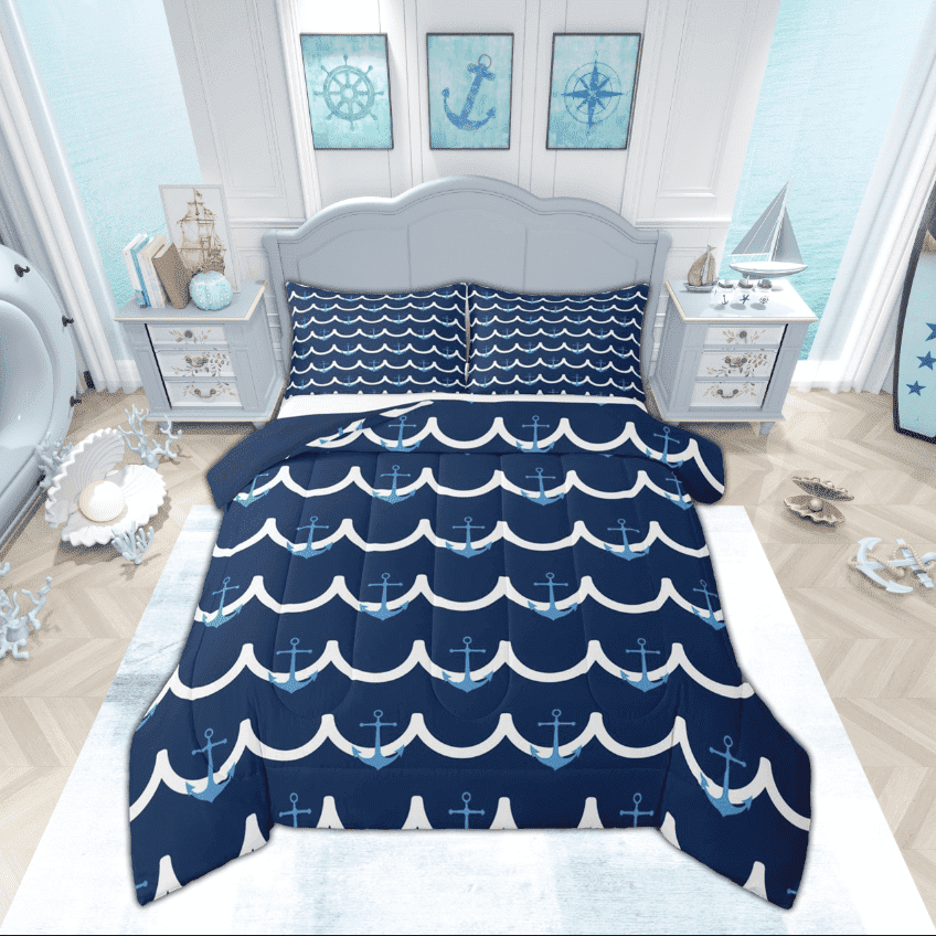 Manfei Rudder Anchor Bedding Sets Queen with Comforter, Navy Stripes ...