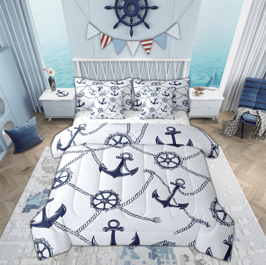Manfei Rudder Anchor Bedding Twin Size, Navy Stripes Geometry Bed Set ...