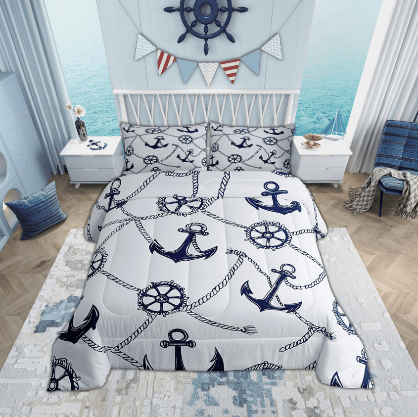 Manfei Rudder Anchor Comforter Sets Full Size, Navy Stripes Geometry ...