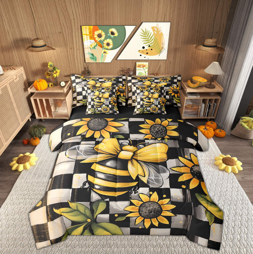 Manfei Rustic Bee Bedding Sets Queen Size, Sunflower Floral Bed in a ...
