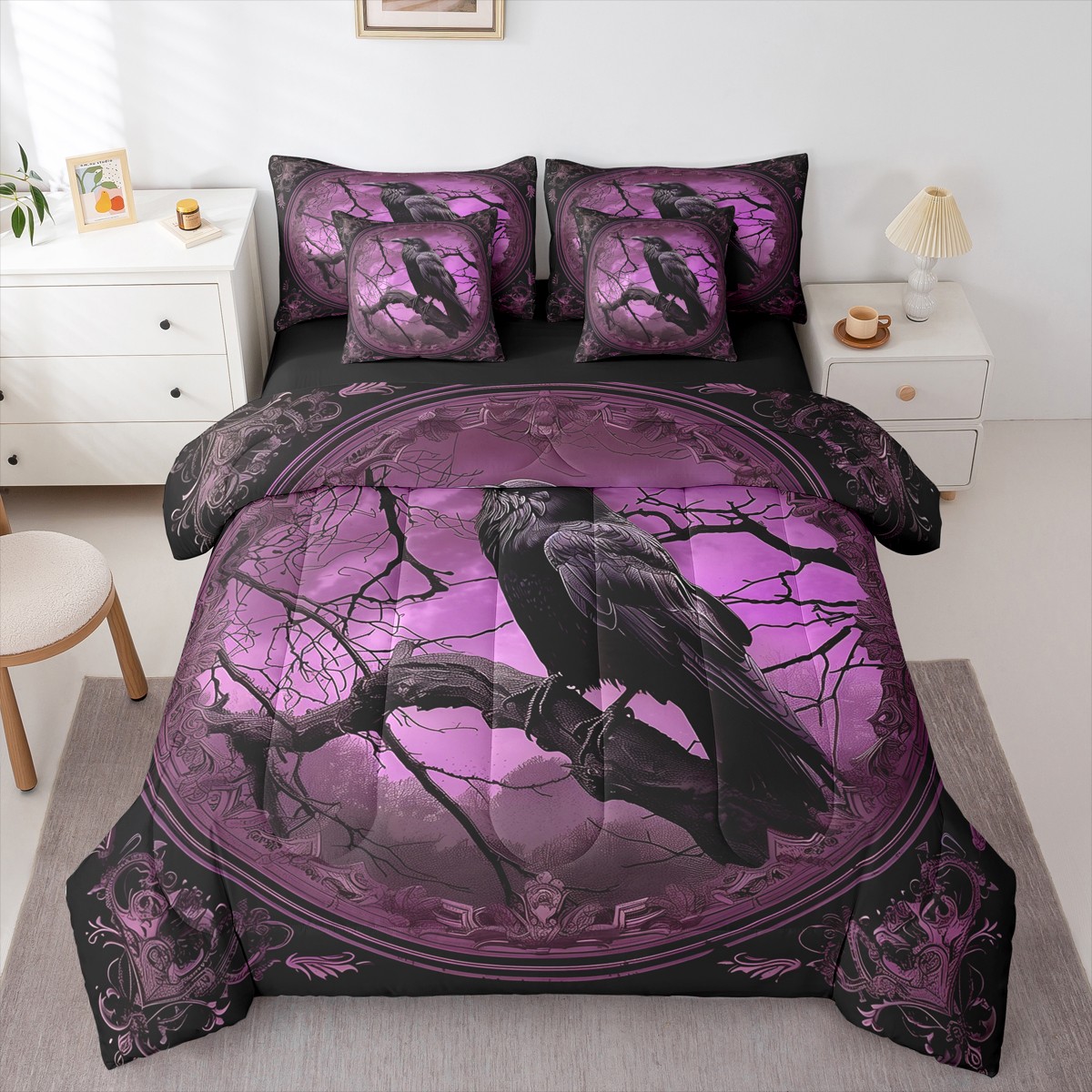 Manfei Rustic Black Crow Bedding Comforter Set 7-Piece,Vintage Damask ...