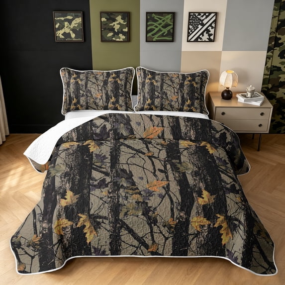 Manfei Rustic Branches Camouflage Quilt King, Mid Century Countryside ...