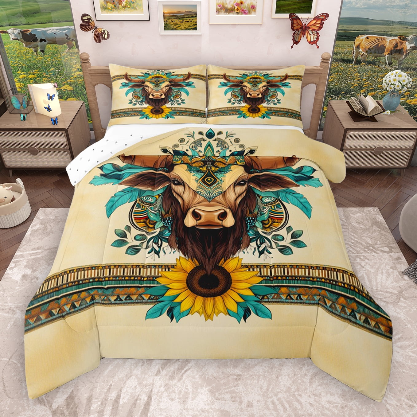 Manfei Rustic Bull Skull Full Size Comforter Sets,Western Boho Aztec ...