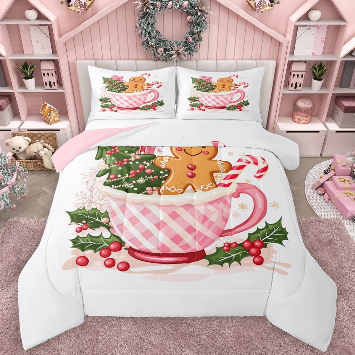 Manfei Rustic Christmas Flower Bedding Comforter Set,Cute Gingerbread ...
