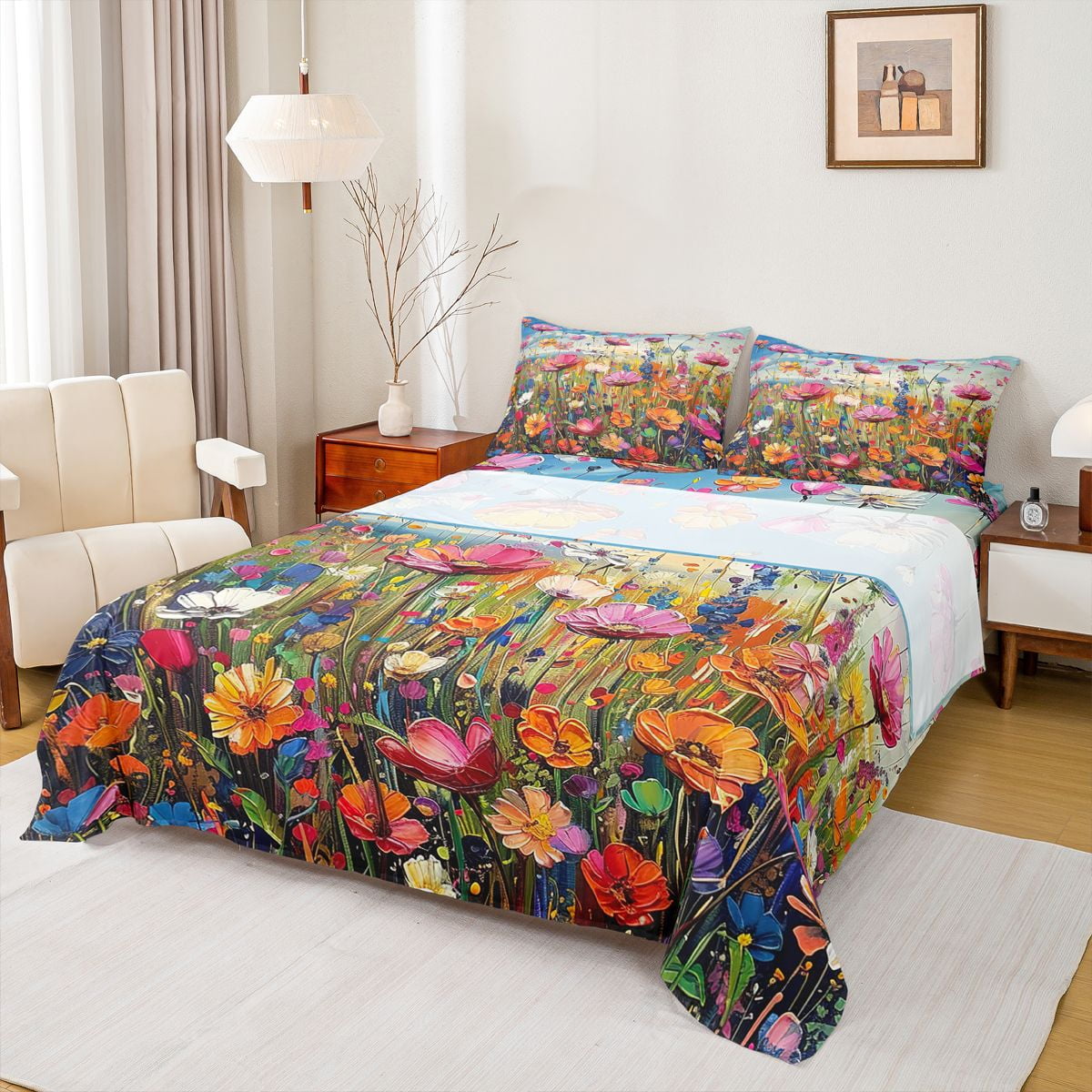Manfei Rustic Daisy Blossom Bed Sheets,Countryside Floral King Sheets ...