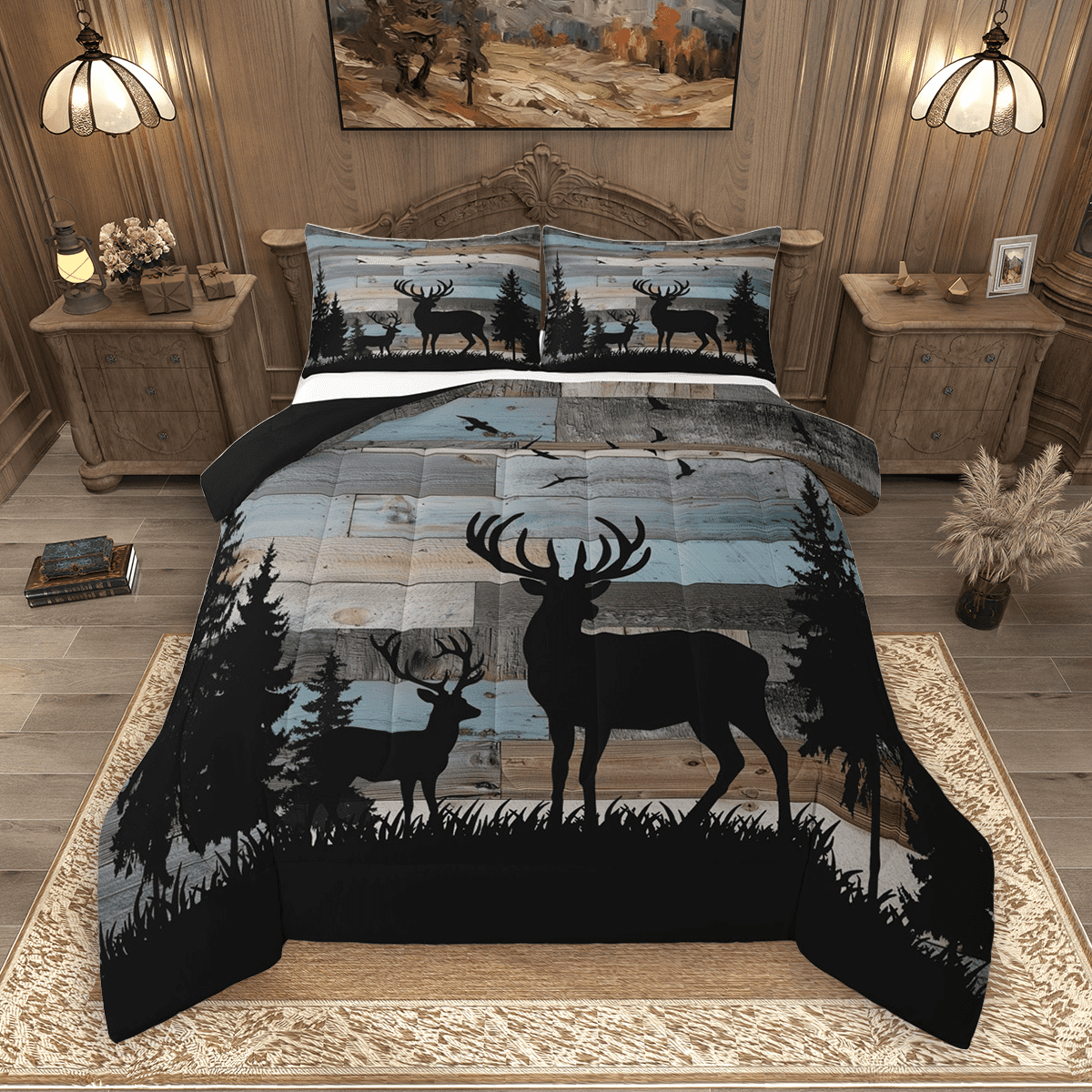 Manfei Rustic Deer Silhouette Bedding Comforter Set 2pcs, Teal Old Barn ...