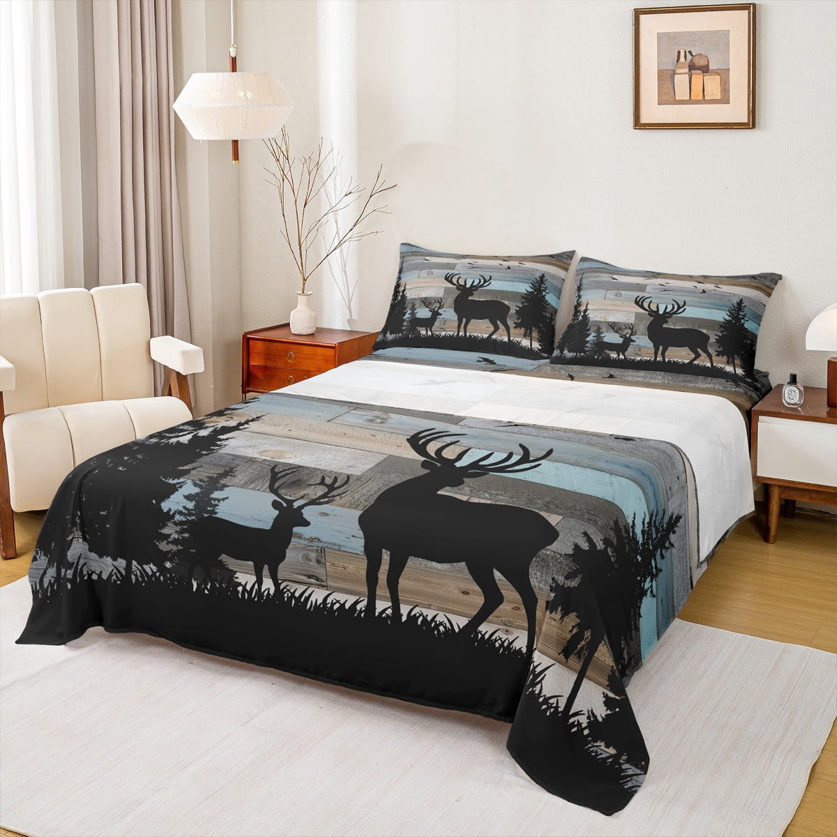 Manfei Rustic Deer Silhouette Queen Sheet Sets 4 Pieces, Teal Old Barn ...