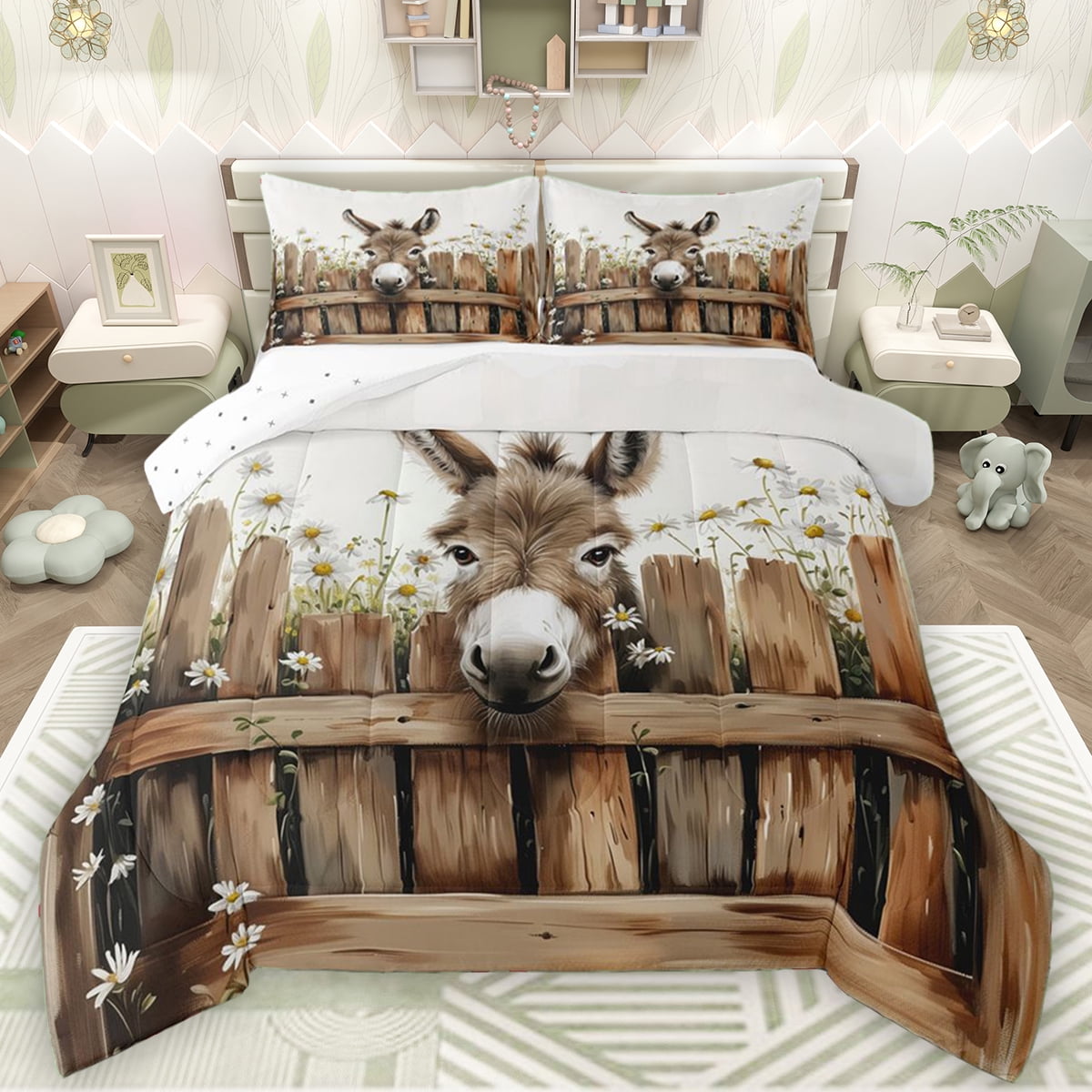 Manfei Rustic Farm Donkey Bedding Comforter Set for Kid, Flower Plant ...