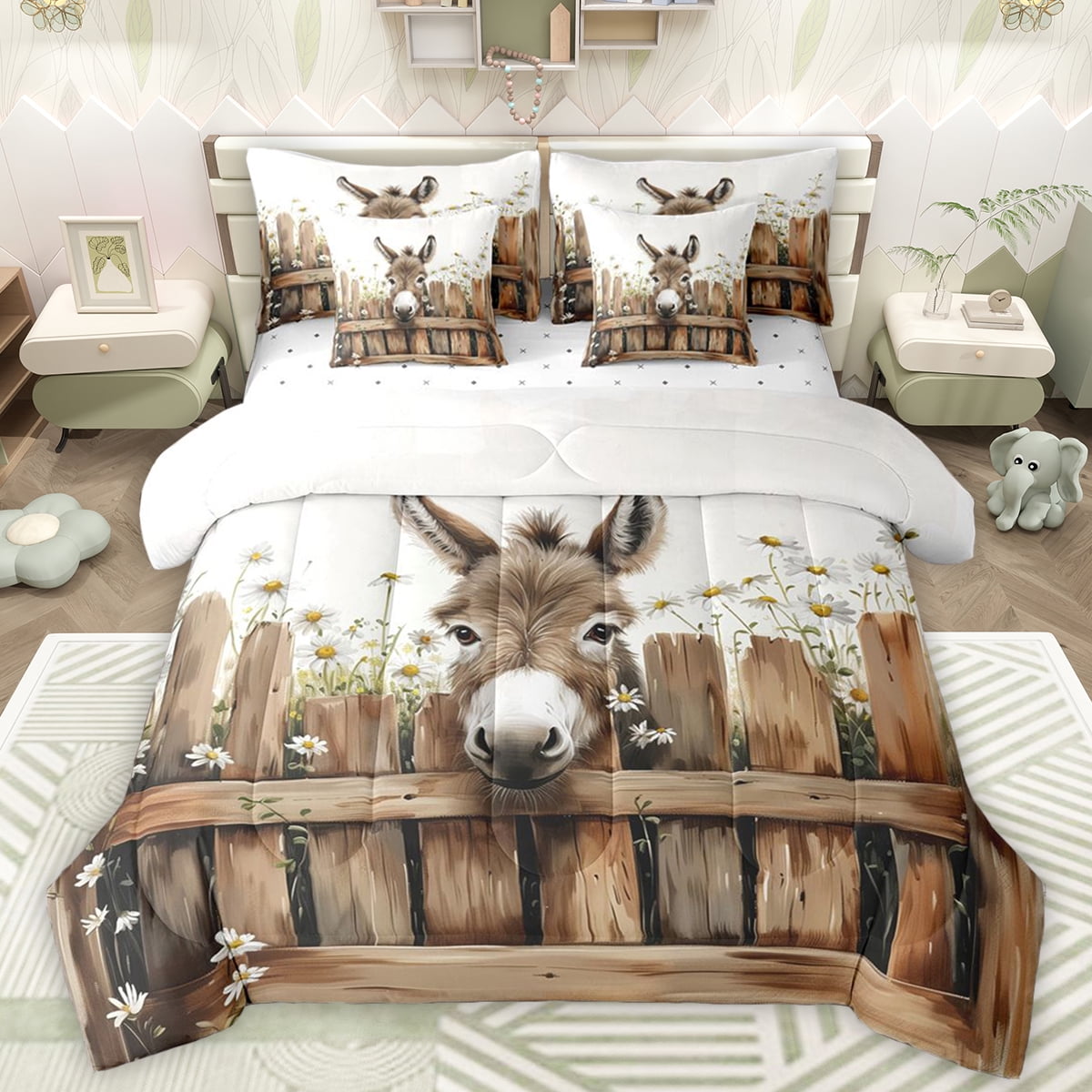 Manfei Rustic Farm Donkey Twin Bedding Sets 7-Piece for Kid, Flower ...