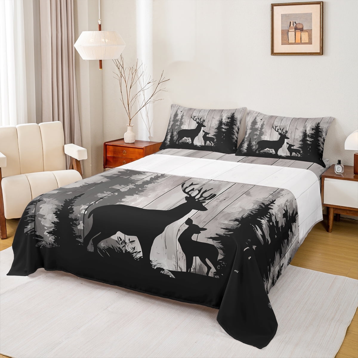 Manfei Rustic Farmhouse Cabin Full Size Sheets, Jungle Deer Animal Bed ...