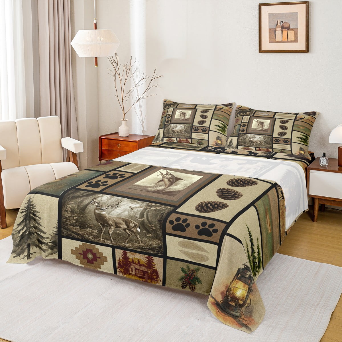 Manfei Rustic Farmhouse Queen Sheet Sets, Hungting and Fishing Flat ...