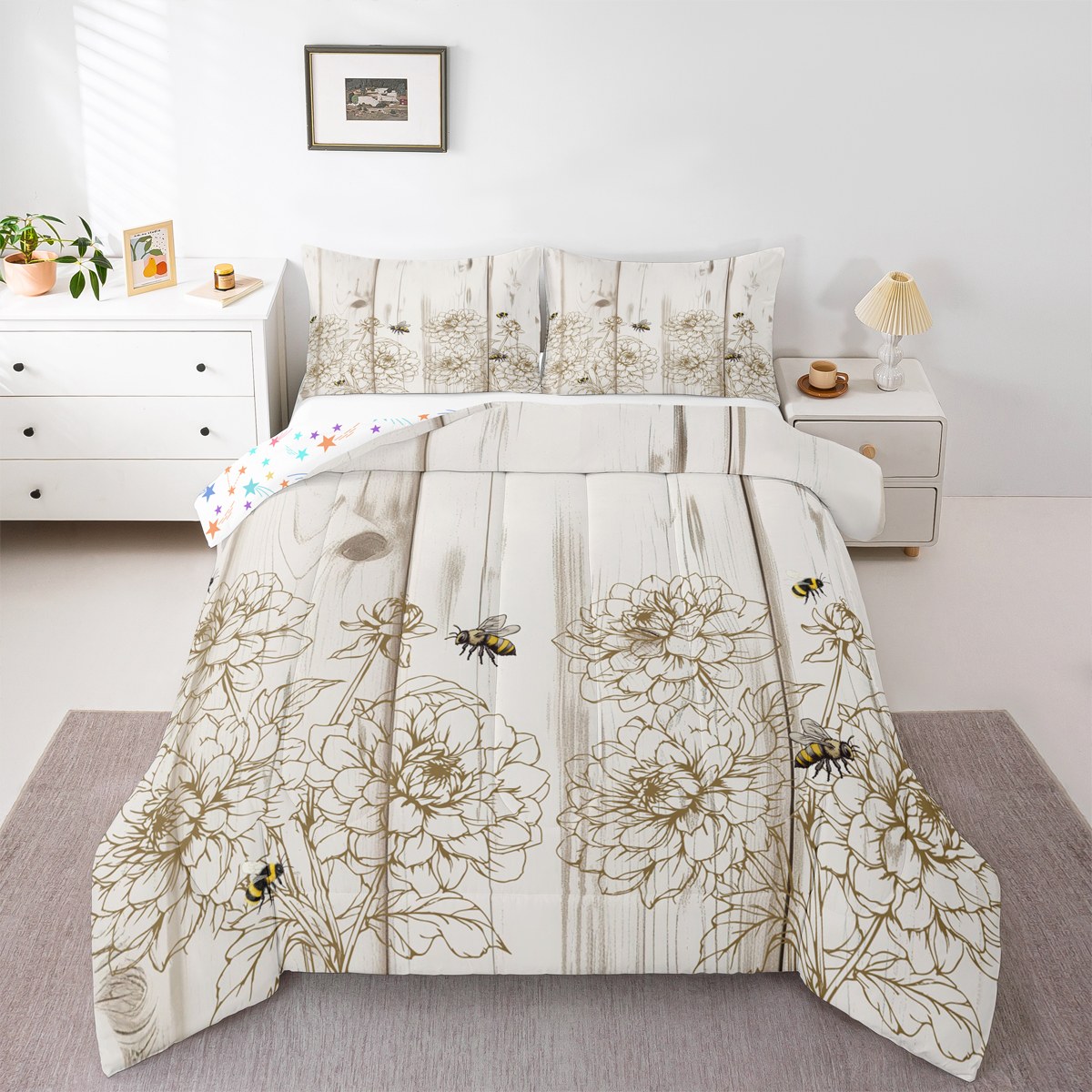 Manfei Rustic Floral Print Bedding Queen Comforter Set, Cartoon Bee ...