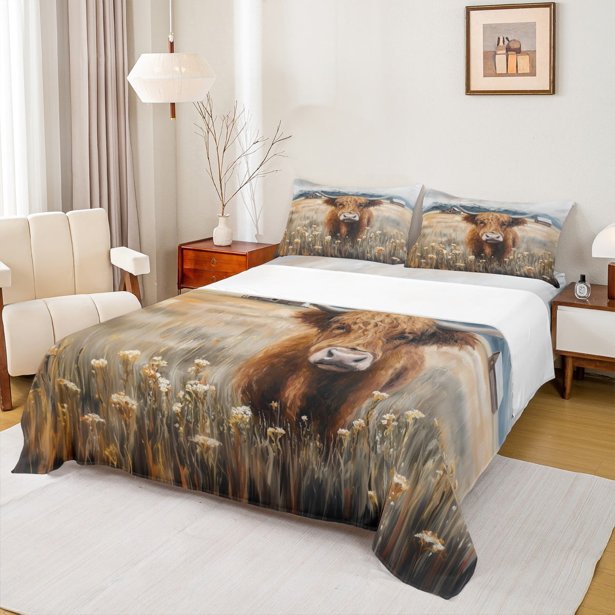 Manfei Rustic Flower Floral Full Size Sheets,Country Highland Cattle ...