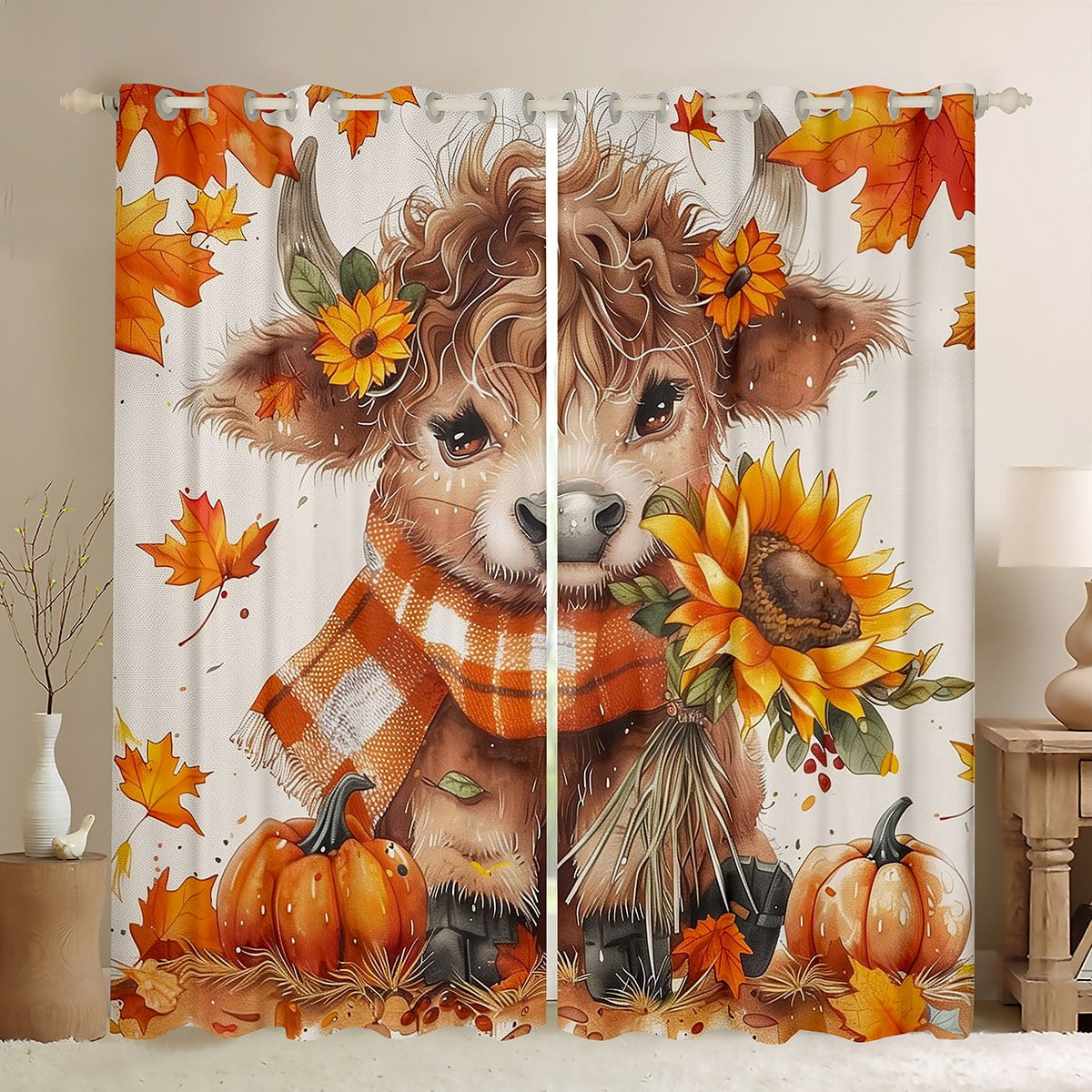 Manfei Rustic Highland Cow Blackout Curtains Set of 2 (52x84 Each), Orange Pumpkin Sunflower ...