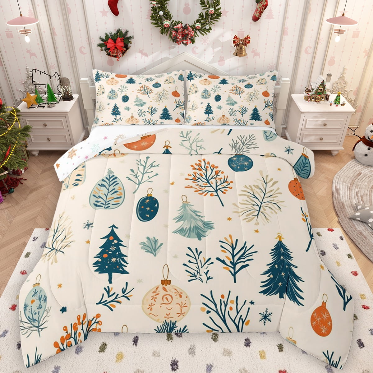 Manfei Rustic Leaves Queen Comforter Set,Xmas Tree Bedding Sets,Green ...
