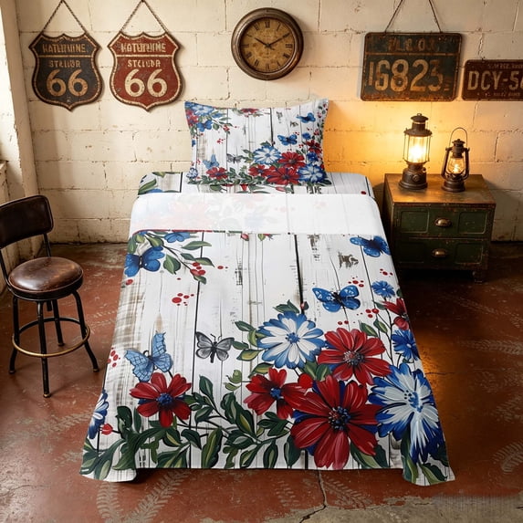 Manfei Rustic Patriotic Floral Twin Sheets, Wood Red White Blue Flower ...