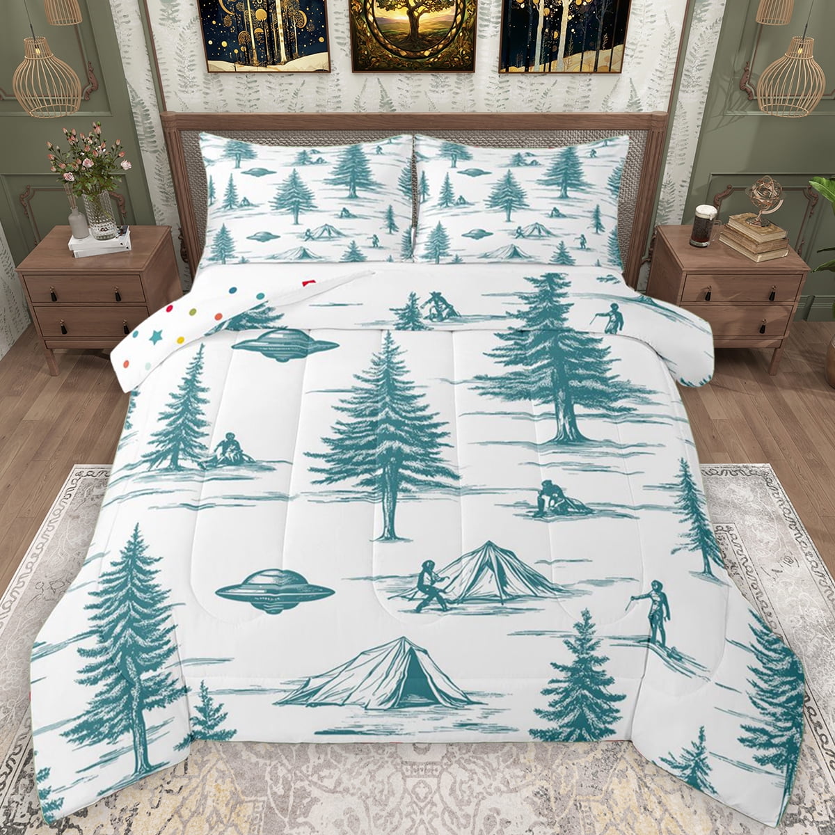 Manfei Rustic Pine Tree Full Size Comforter Sets for Teens, Cyan Plant ...