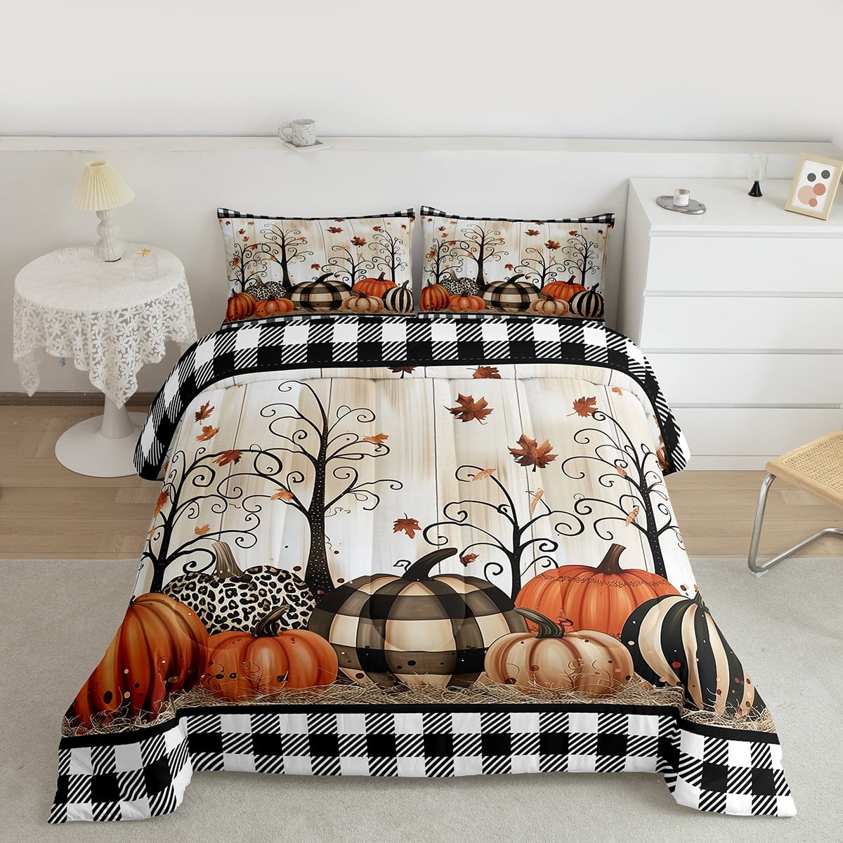 Manfei Rustic Pumpkin Queen Comforter Set,Fall Maples Bedding Sets ...