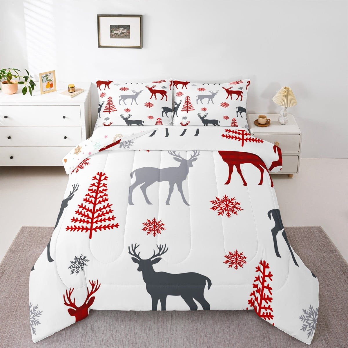 Manfei Rustic Reindeer Print Queen Comforter Set, Christmas Snowflake ...