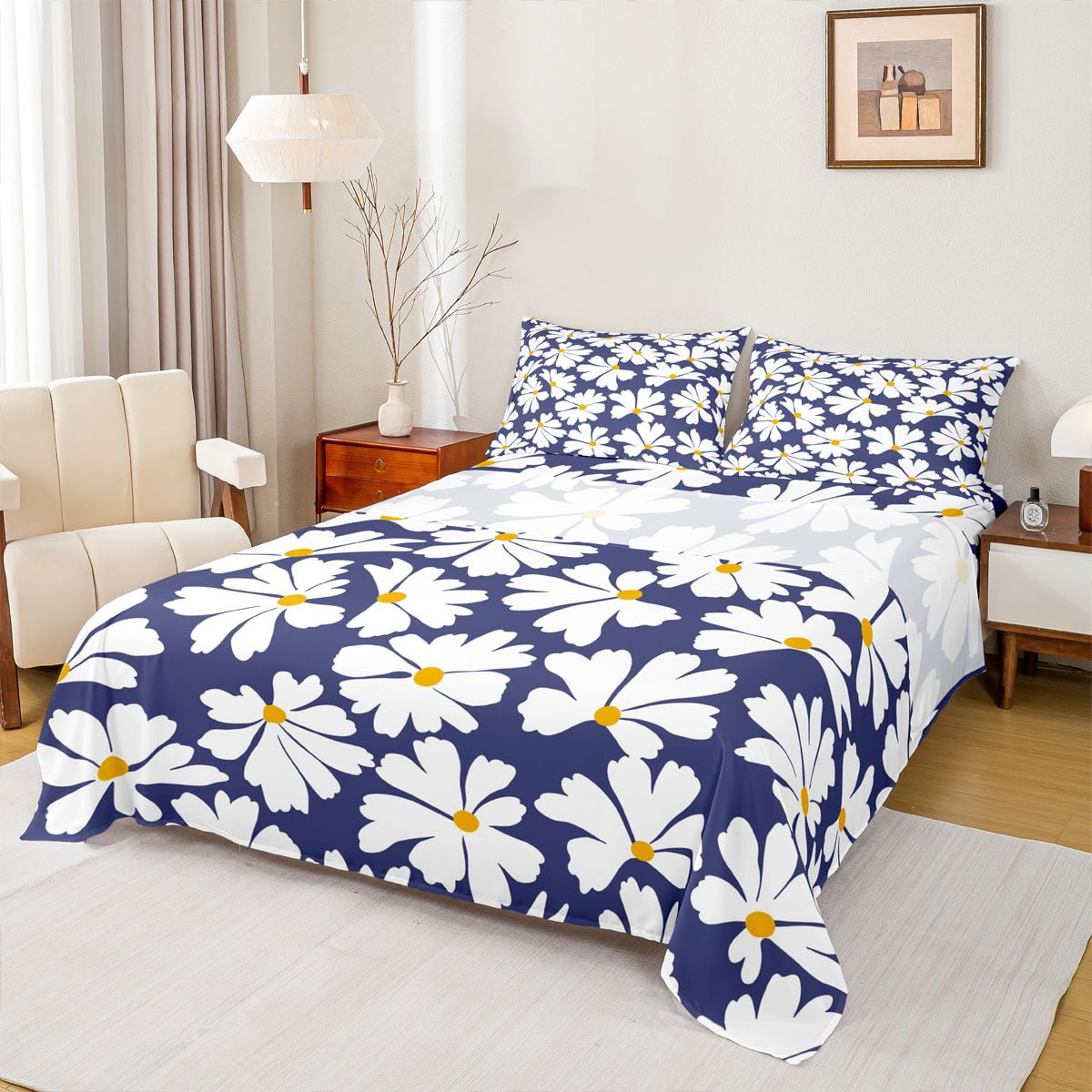 Homewish Rustic Vibrant Floral Full Size Sheets, Navy Groovy Daisy ...