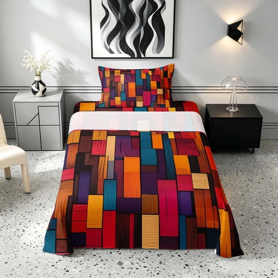 Manfei Rustic Wood Block Twin Sheets, Geometric Bedding, Multicolor ...