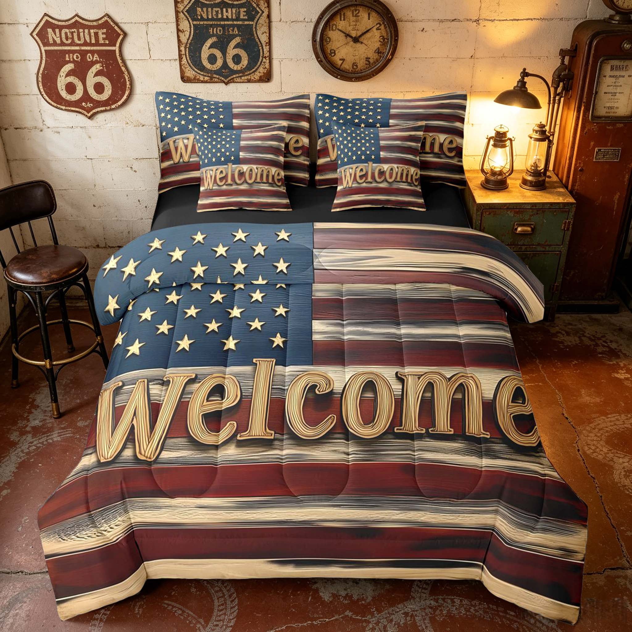 Manfei Rustic Wooden US Flag King Bedding, Welcome Print King Bed in a ...