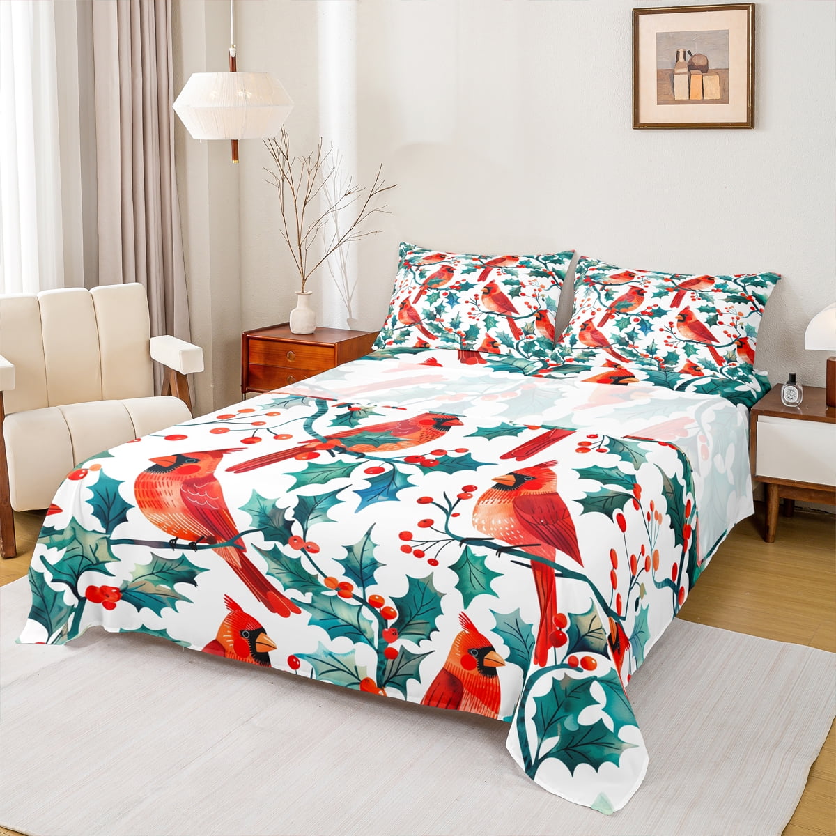 Manfei Rustic Xmas Berry Full Size Sheets,Christmas Cardinal Bird Bed ...