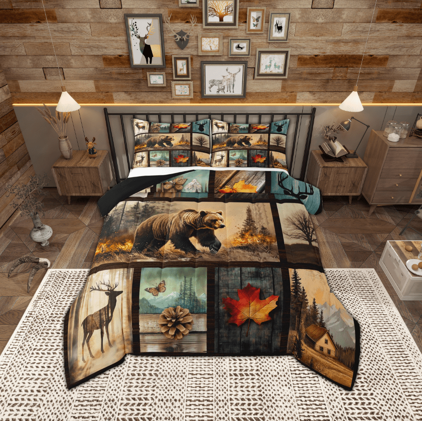 Manfei Safari Bear Deer Queen Comforter Set,Rustic Farmhouse Cabin ...