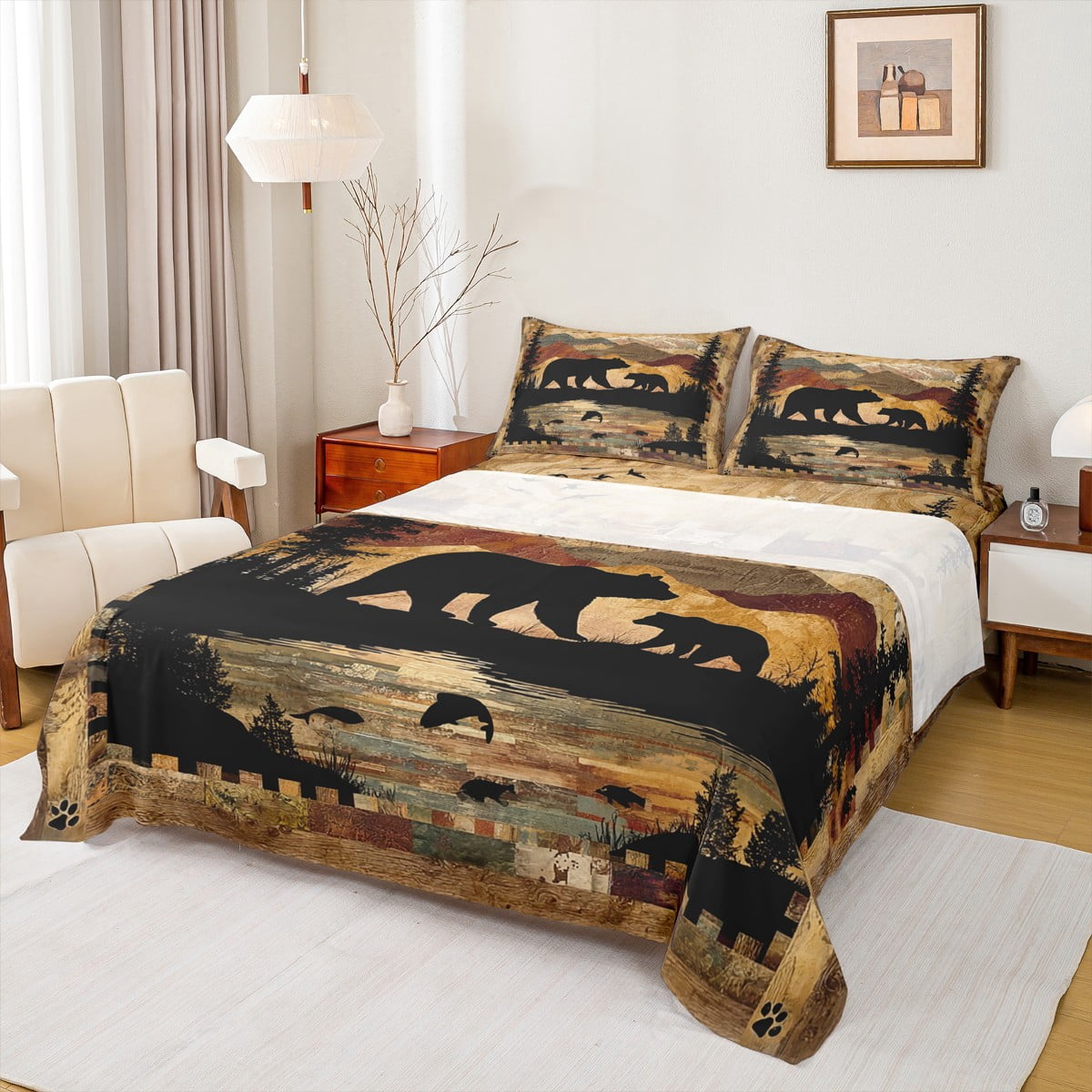 Manfei Safari Bear Queen Sheet Sets 4 Pieces, Retro Lodge Cabin Flat ...