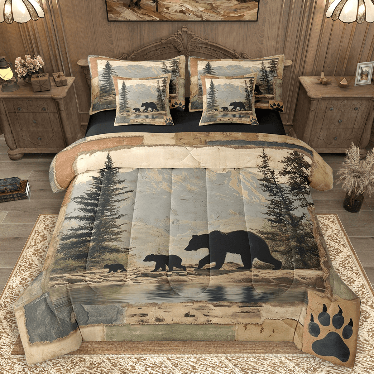 Manfei Safari Bear Twin Bedding Sets 7pcs, Retro Lodge Cabin Bedding ...