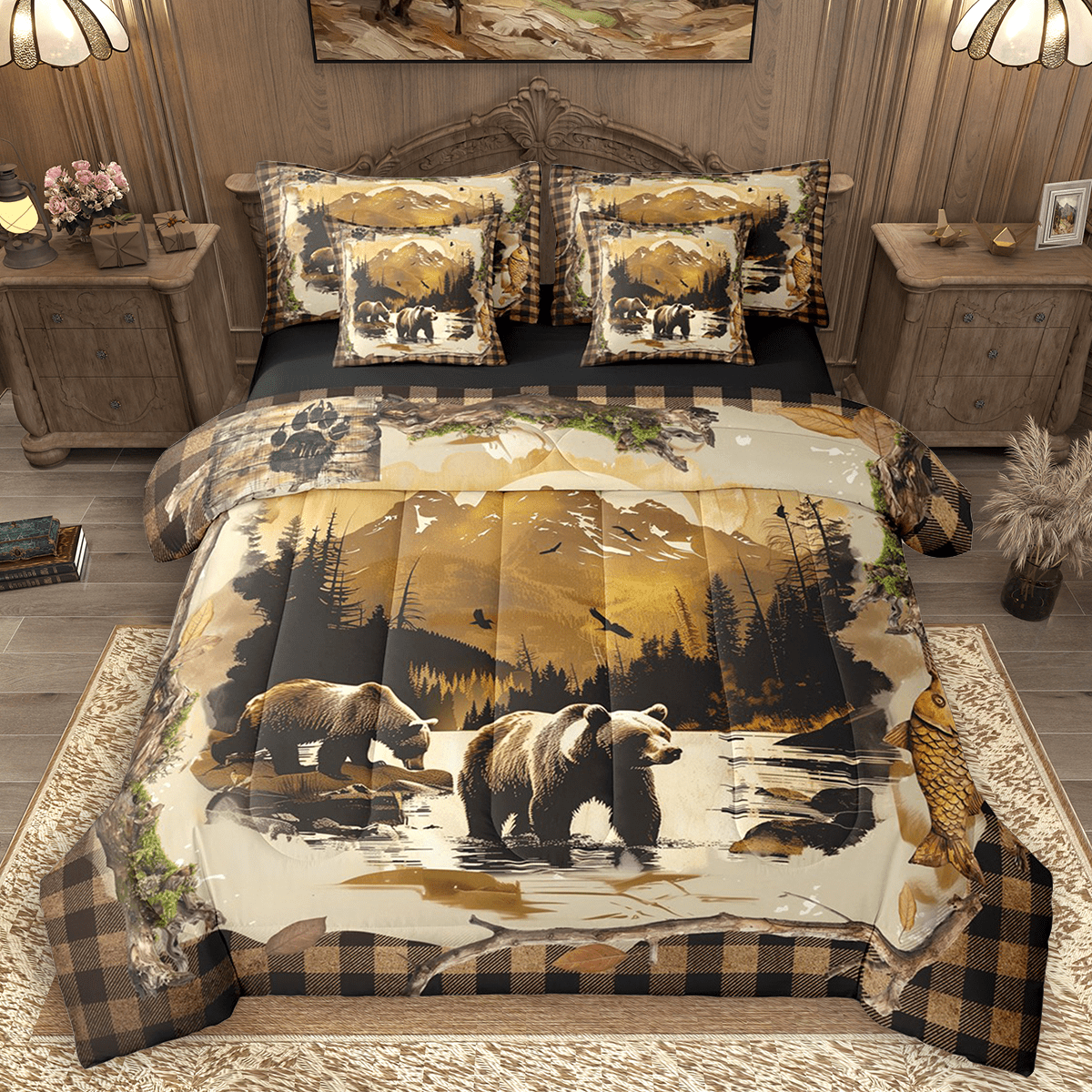 Manfei Safari Bear Twin Bedding Sets 7pcs, Retro Lodge Cabin Bedding ...