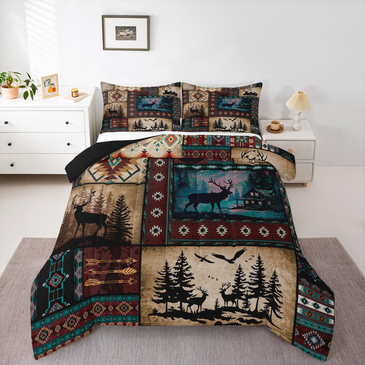 Manfei Safari Beer Moose Queen Comforter Set,Retro Aztec Geometric ...