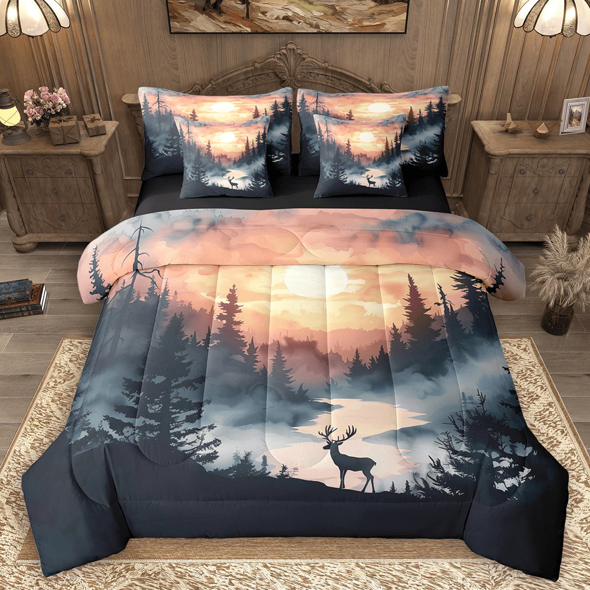 Manfei Safari Deer Moose Bedding Comforter Set 7 Pieces, Natural Jungle ...