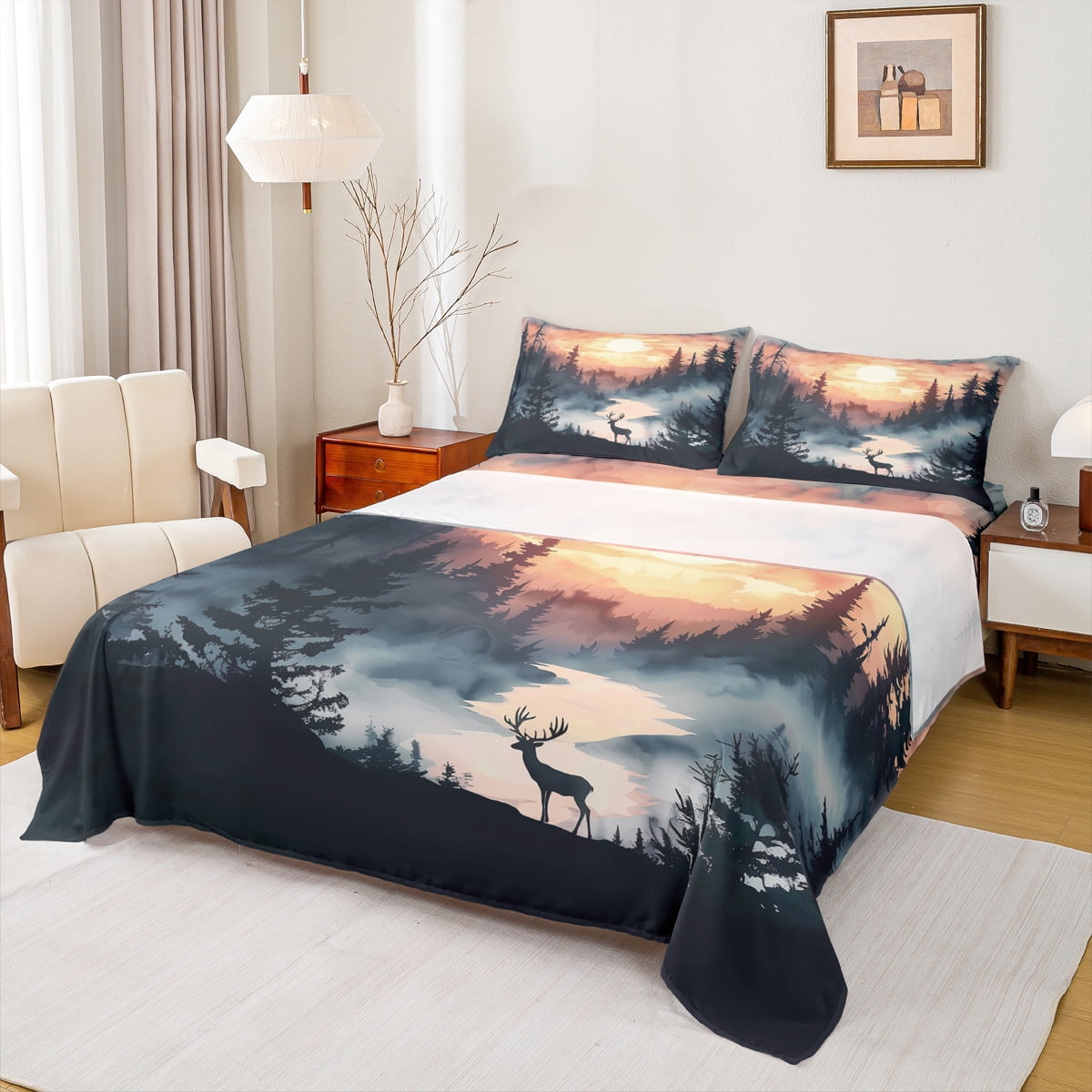 Manfei Safari Deer Moose Full Size Sheets 4-Piece, Natural Jungle Tree ...