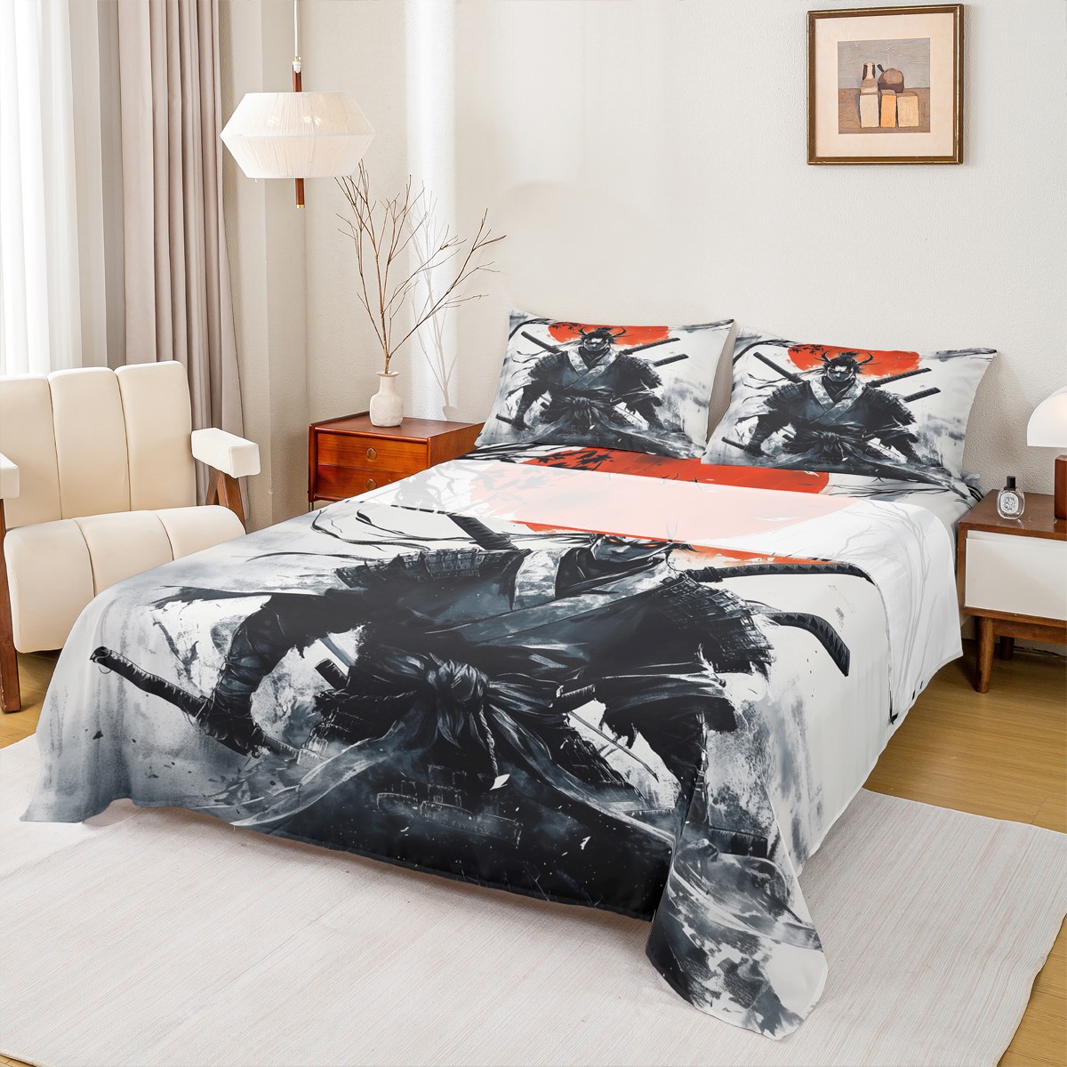 Manfei Samurai Sheet Set Twin,Japanese Theme Bedding Sets Twin Size,Red ...