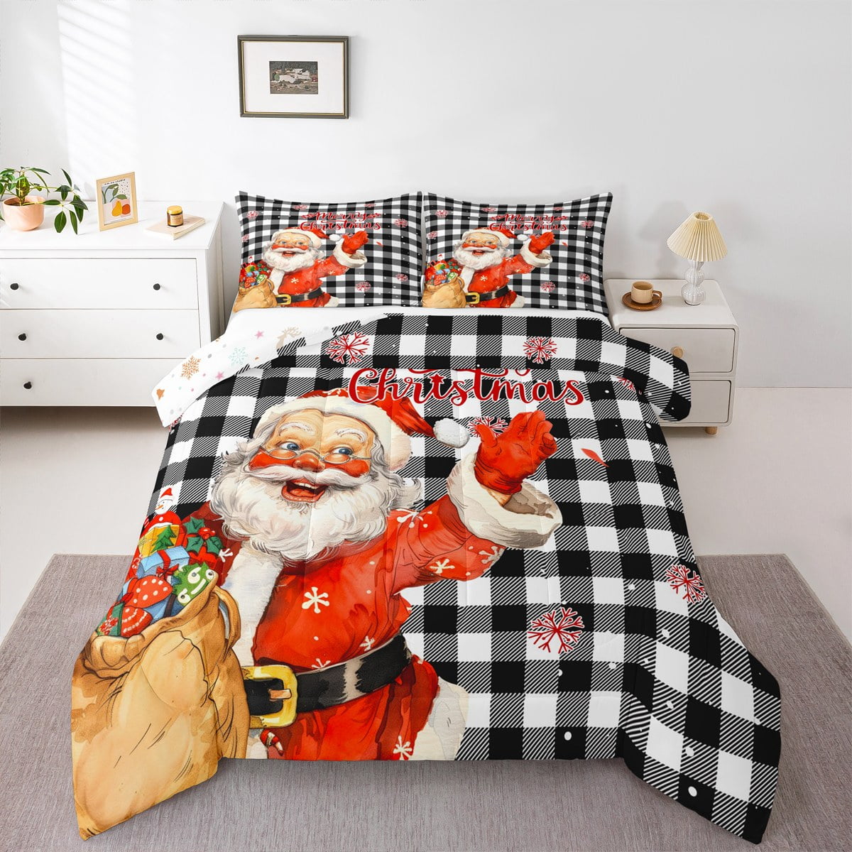 Manfei Santa Claus 3-Piece Full Size Comforter Sets,Geometric Plaid ...