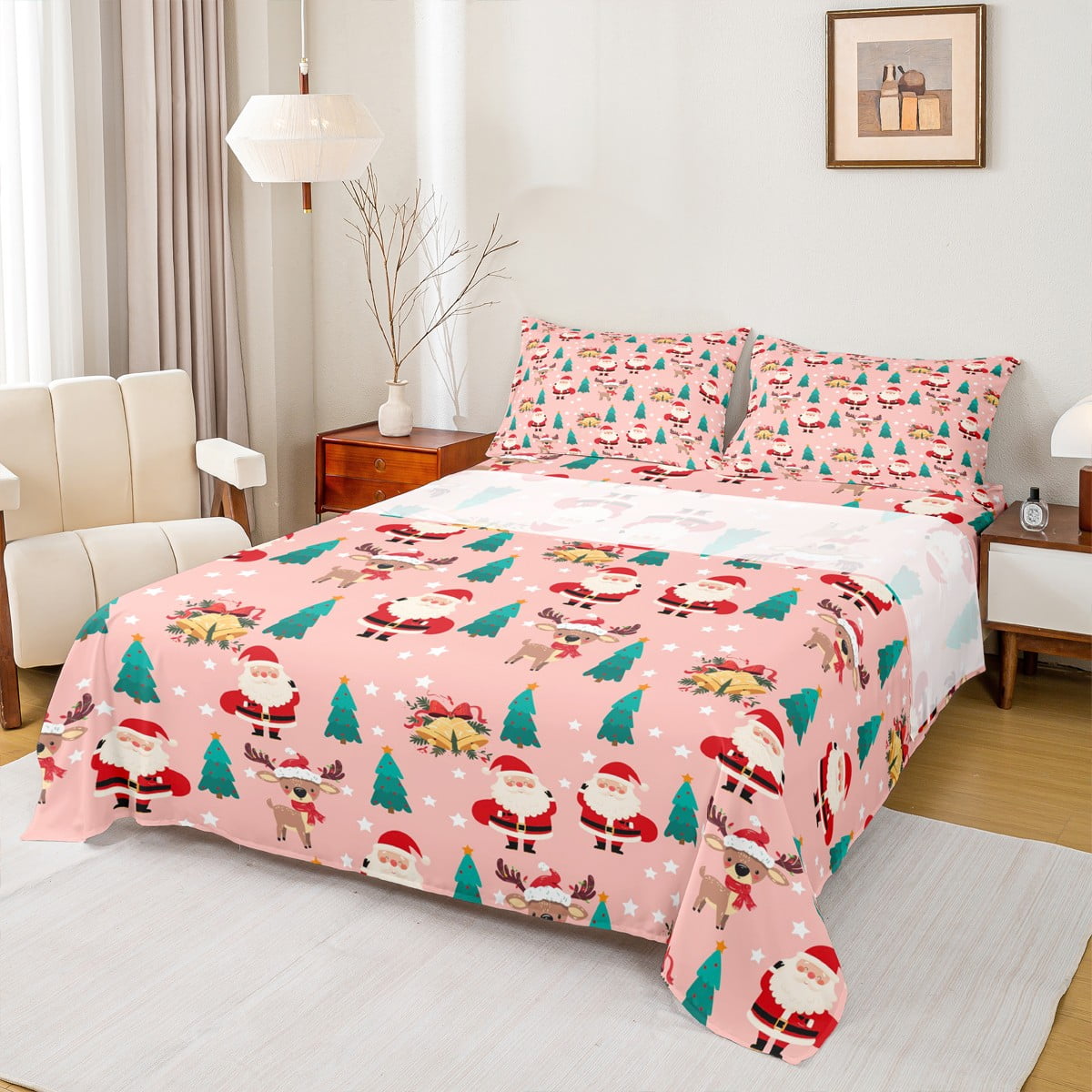 Manfei Santa Claus King Sheet Sets, Xmas Tree Bed Sheets King ...