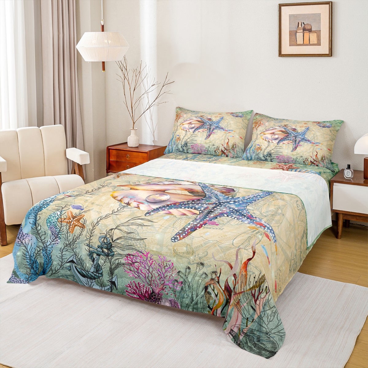 Manfei Sea Shell Starfish Twin Sheet Sets 3 Pieces, Retro Marine ...