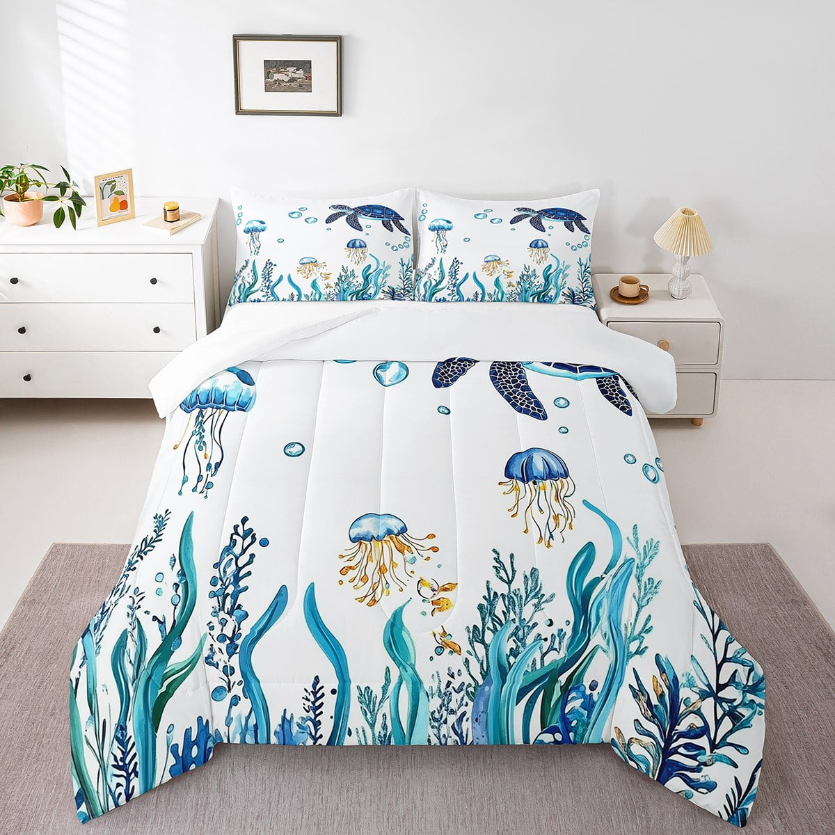 Manfei Sea Turtle 3-Piece Full Size Comforter Sets,Cartoon Jellyfish ...