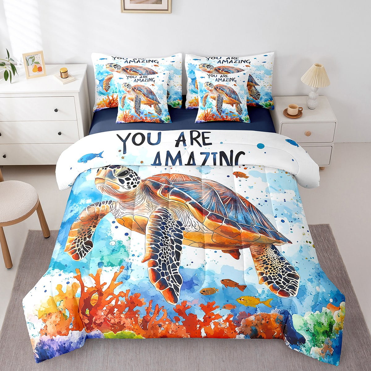 Manfei Sea Turtle 7-Piece Bedding Comforter Set,Watercolor Splash King ...