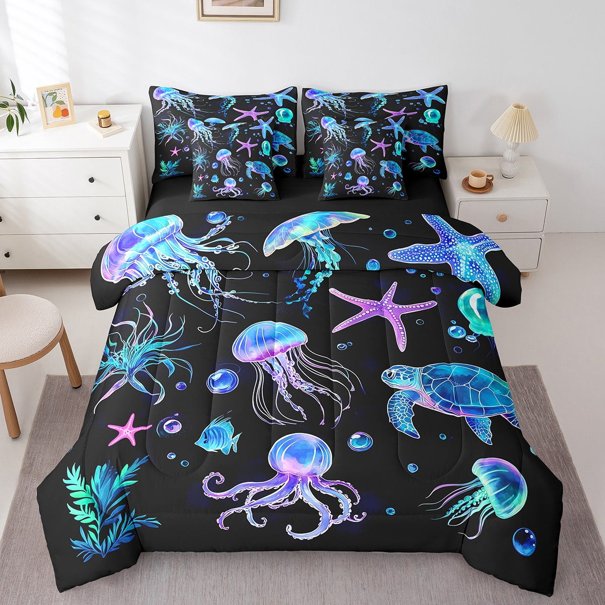 Manfei Sea Turtle 7-Piece Twin Bedding Sets,Ocean Jellyfish Bedding ...