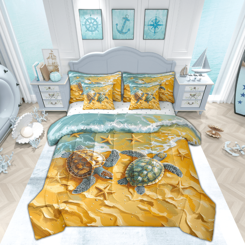 Manfei Sea Turtle Bed in a Bag Twin size for Teens, Gold Beach Bedding ...