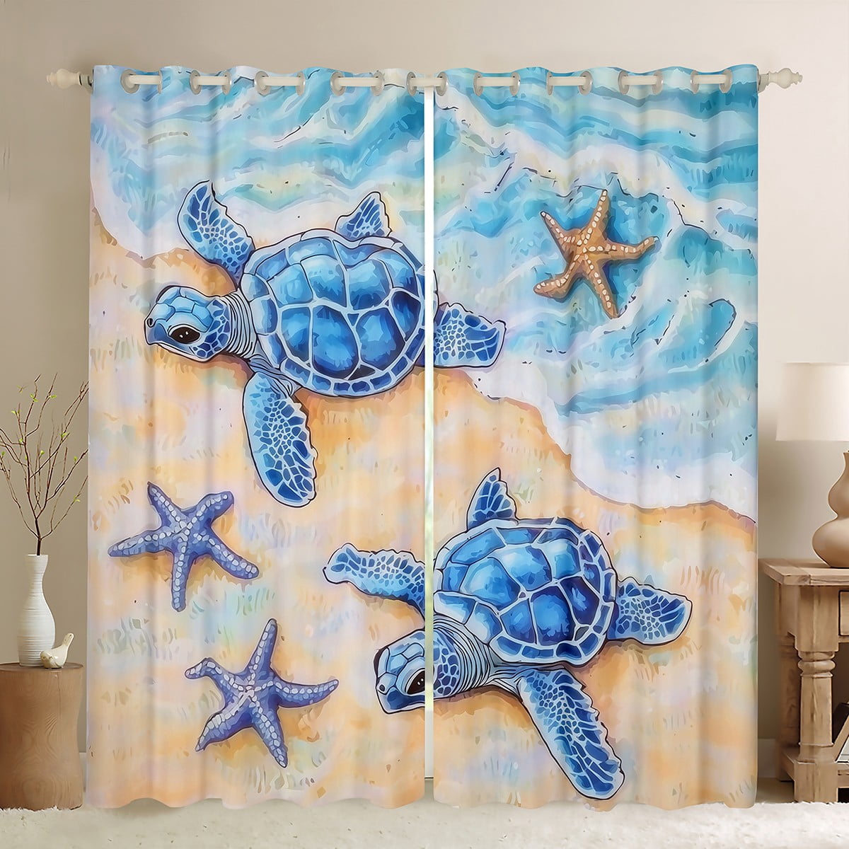 Manfei Sea Turtle Curtains and Drapes (42x63), Blue Starfish Curtains ...